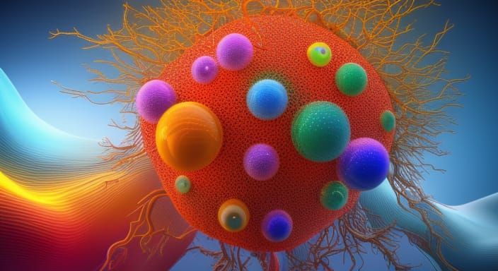 A 3-d visualization of a neuron filled with colorful shapes ...