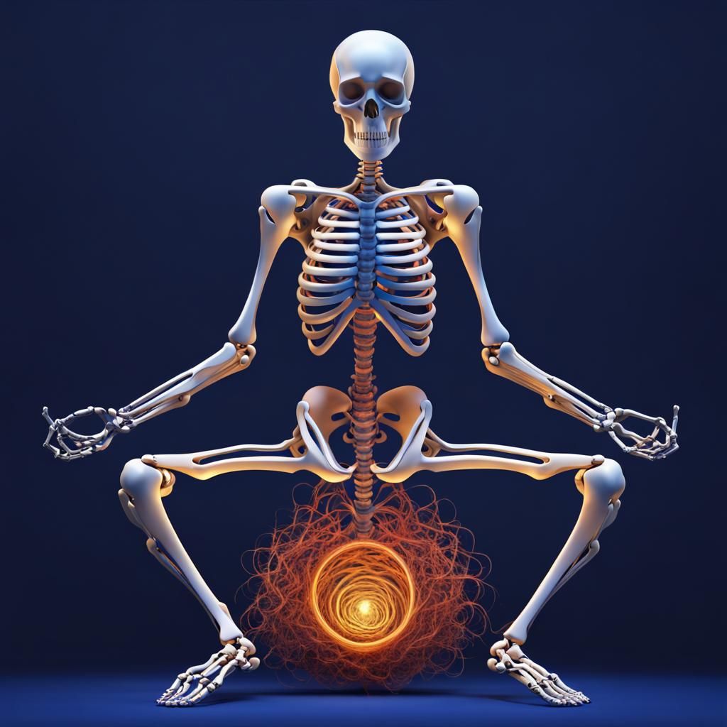 Meditating Skeleton organic form, energy, assembled, layered, depth, alive vibrant, 3D, abstract ...