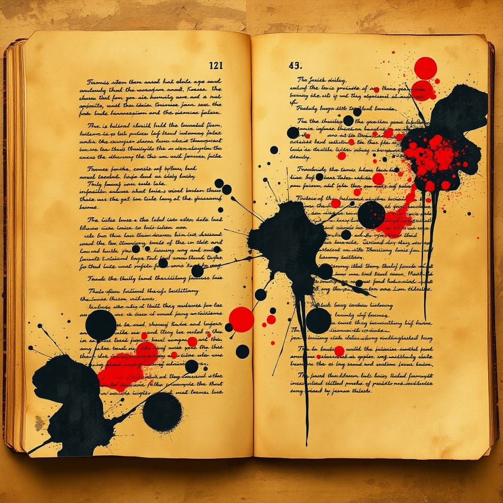 vintage ink splatter art stains in monastery book pages