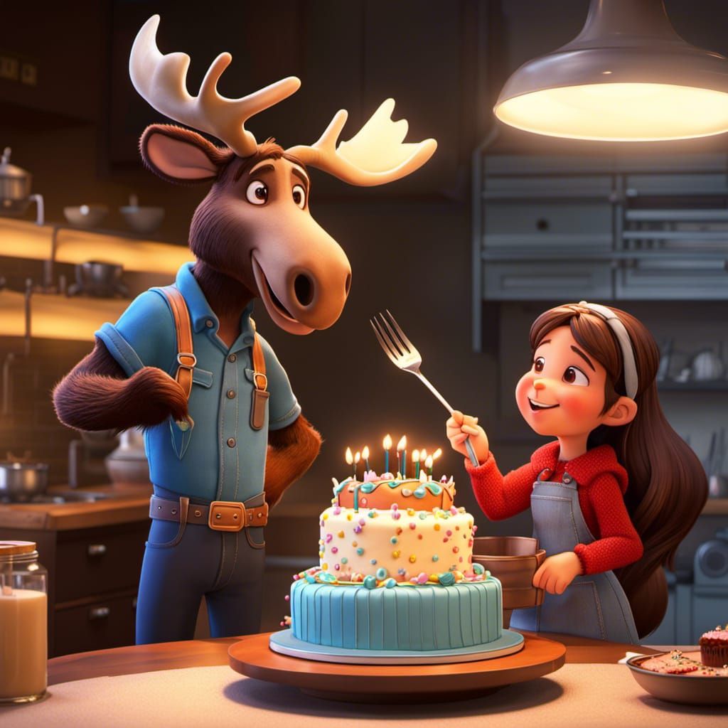 Moose and a girl celebrating a HBD - AI Generated Artwork - NightCafe Creator
