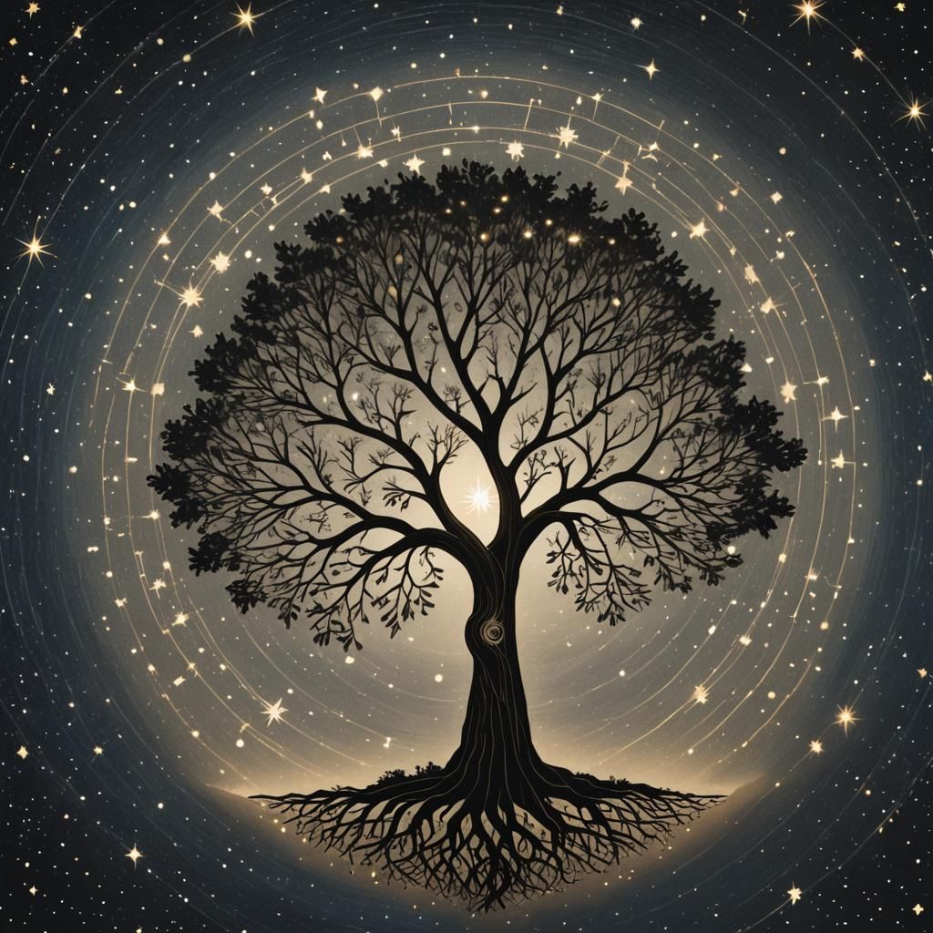 Small tree of life in center with straight lines of stars extending ...