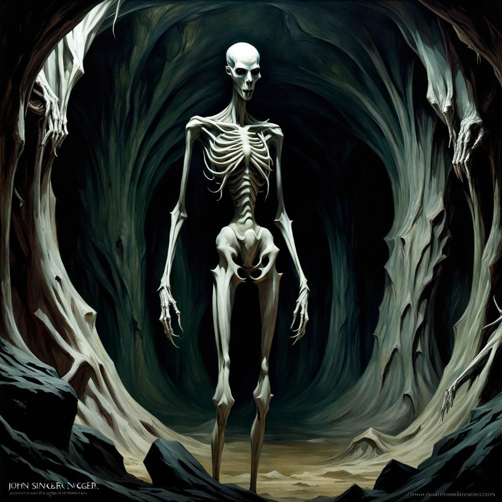 Sinister Lovecraftian Horror, lanky, emaciated humanoid, mottled white ...