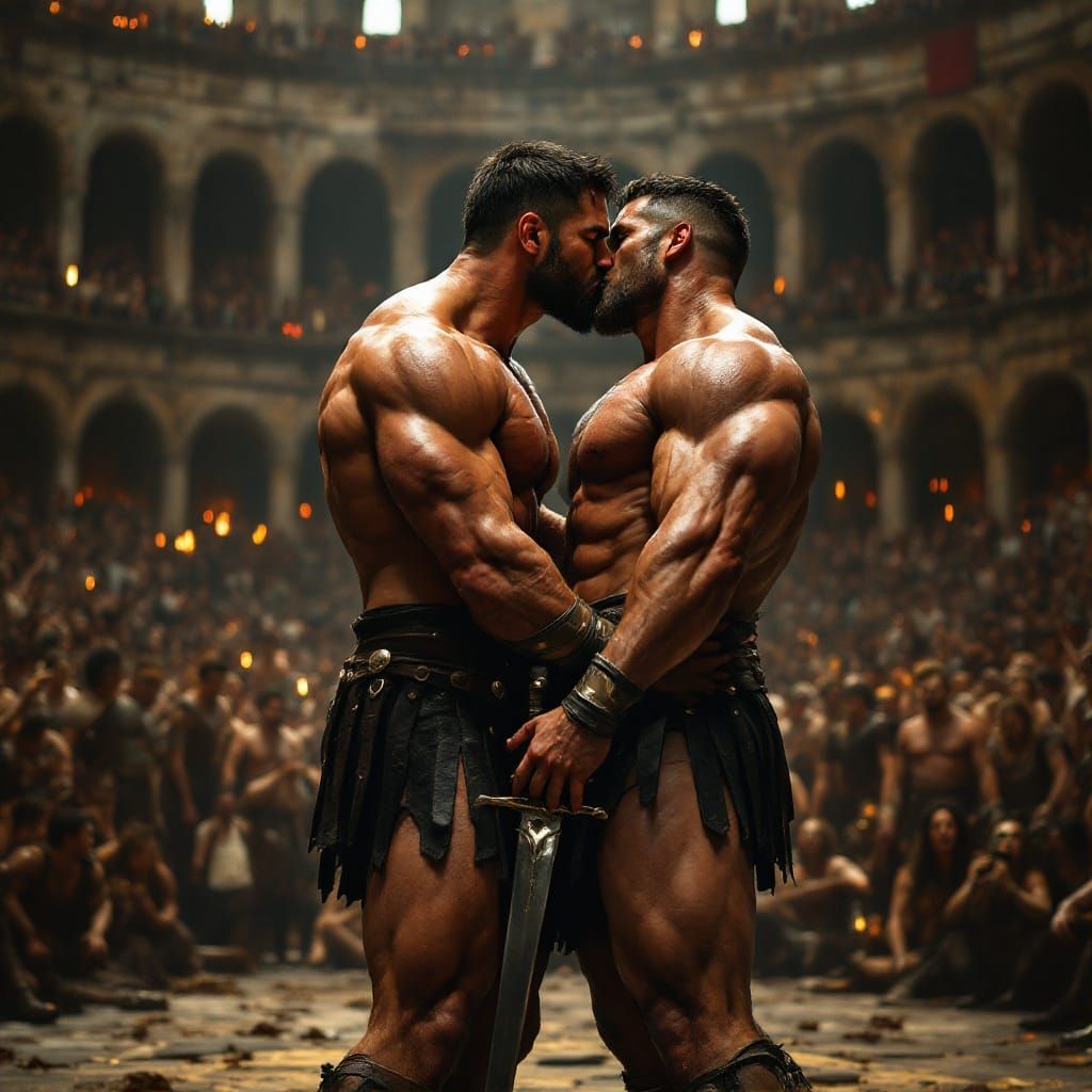 Two Roman Gladiators Share a Passionate Kiss in th... - AI Art