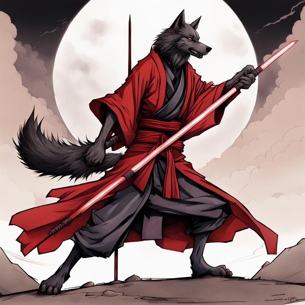 Anime style ink and watercolor depiction, Jei, anthropomorphic wolf ...