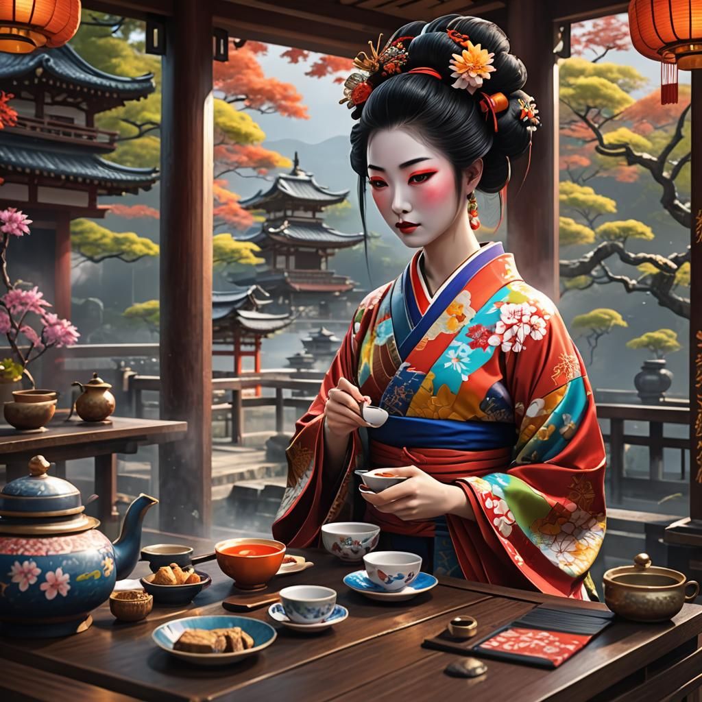 A geisha wearing bright colorful traditional kimono serving tea in a ...