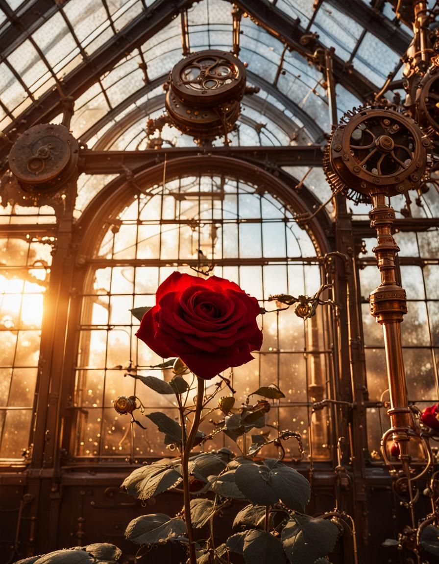 Steampunk Rose in Elegant Victorian Greenhouse - AI Art