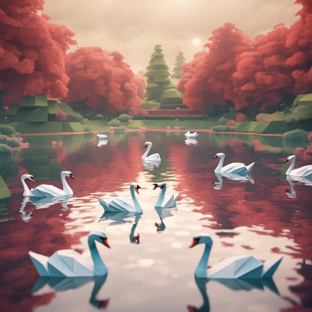 Swans swimming in a lake in a beautiful park Origami paper folds ...