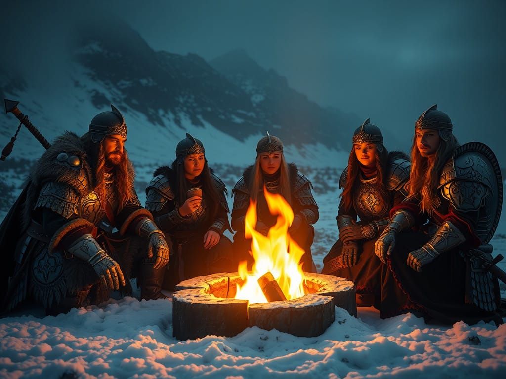 Yule fire - Gothic Viking Warriors Gather Around Winter Yule...