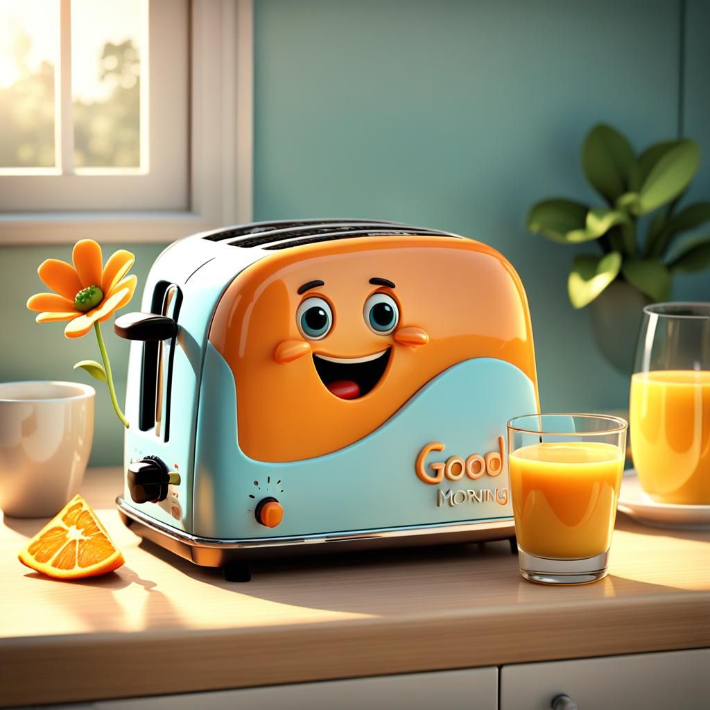 A 3d written script ' Good morning' on a cartoon toaster with a flower ...