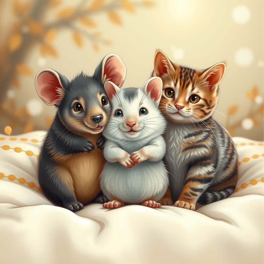 Furry Friends Snuggle on a Soft Cushion - AI Art
