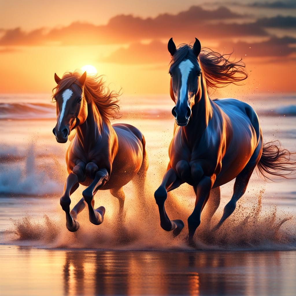 Running free!! - Horses Running on Beach at Sunset: Digital ...