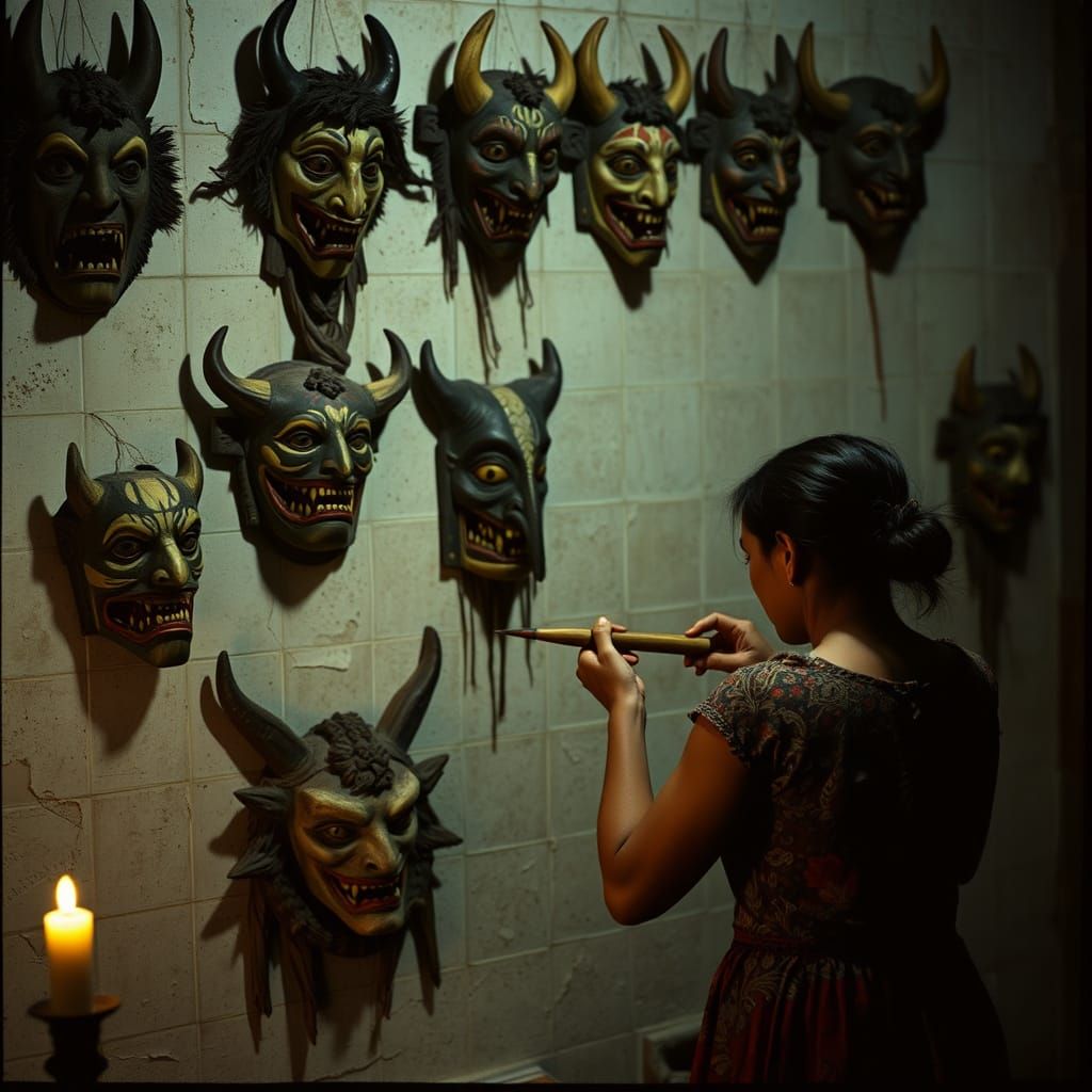 Vibrant Oaxacan Masks Adorn Crumbling Wall in Mood... - AI Art