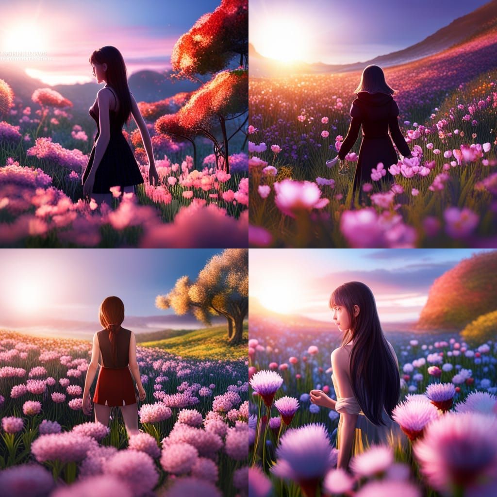 Sun Rise, Girl in flower filed by Jian Wu watercolour - AI Generated ...