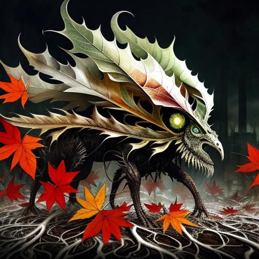 Double exposure photography of a creature made of roots, leaves and a ...