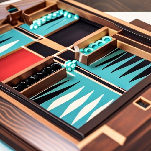 create an image that shows backgammon being played on a splendid board on a modern table in a ...