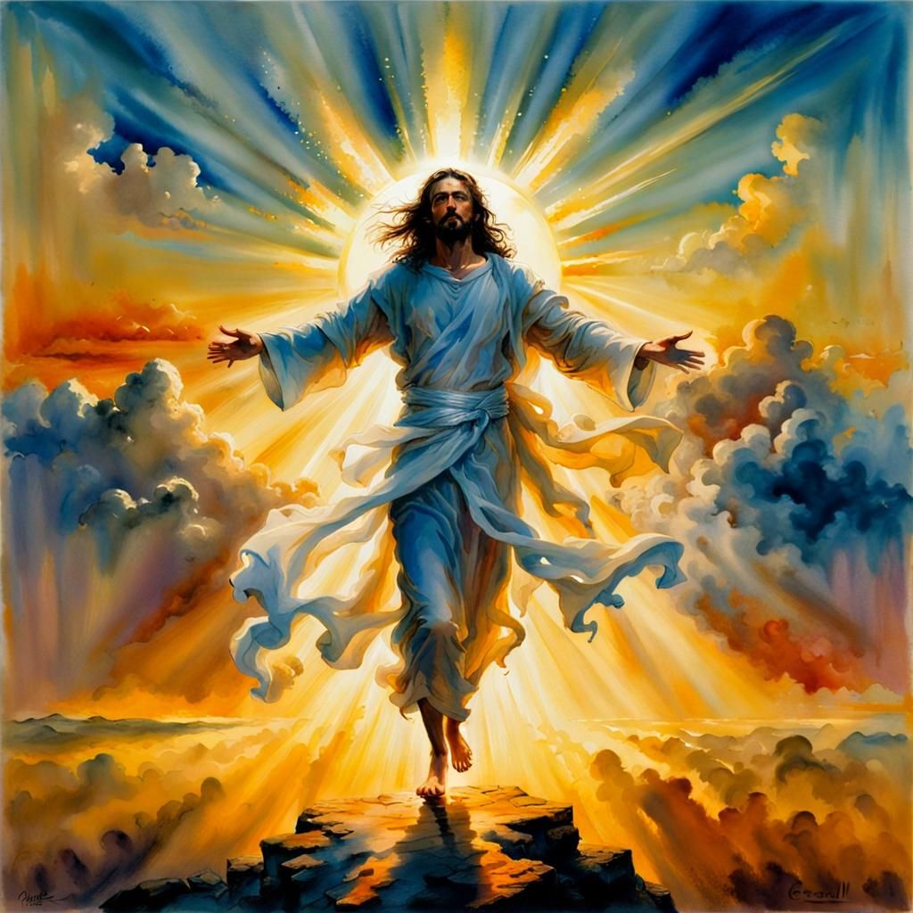Jesus dancing walking on clouds lit by sun rays and robed in sunbeams ...