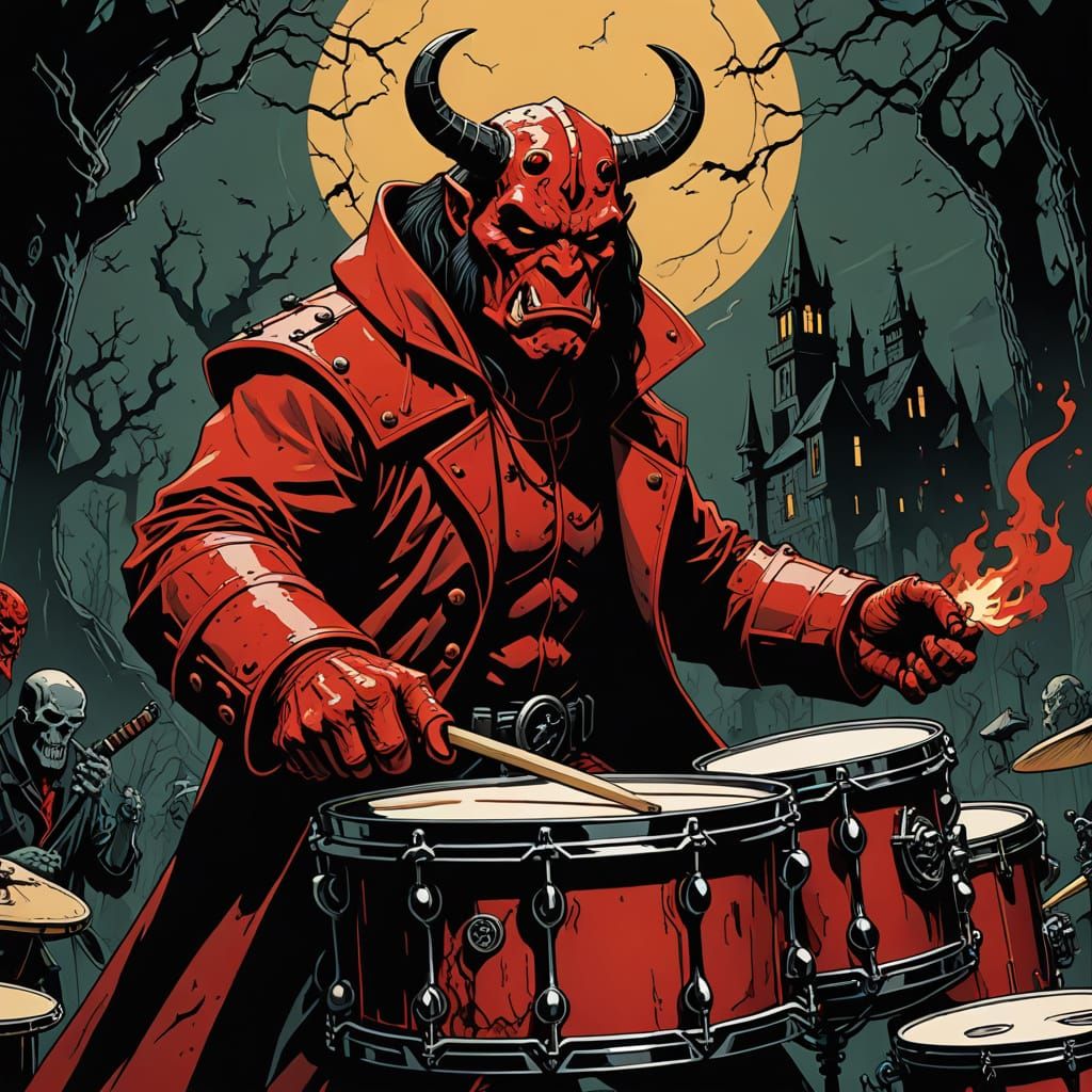 Little Red Riding Hood Rocks Drums in a Mike Migno... - AI Art