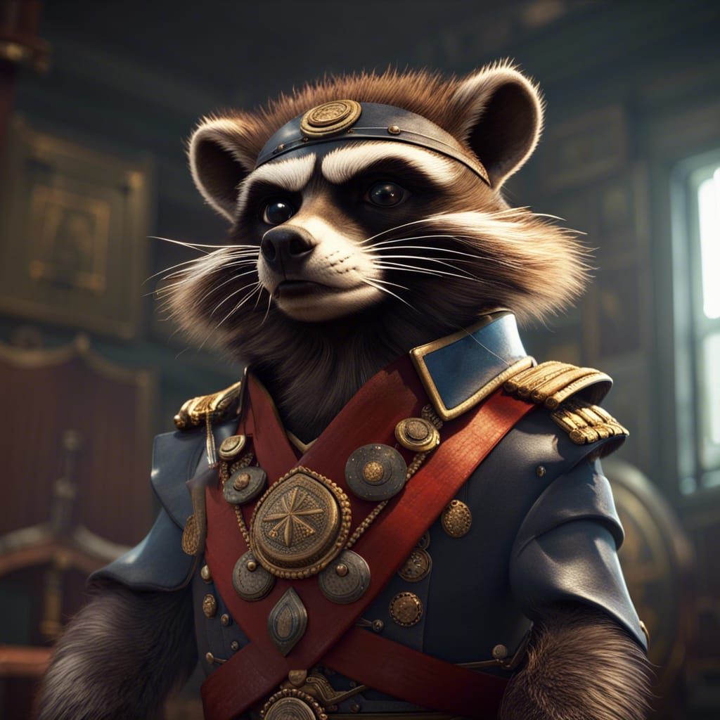 totalitarian mad raccoon dictator in African country painting napoleon ...