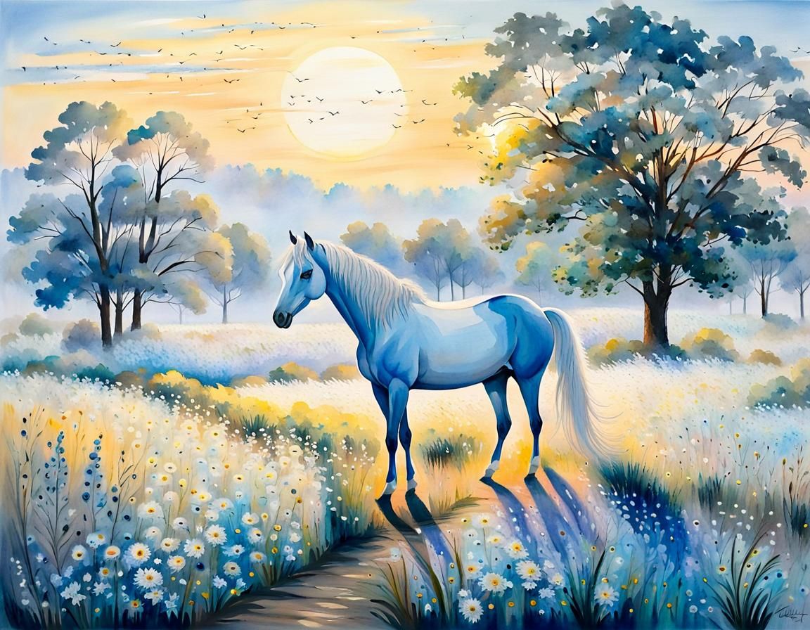 Light blue HORSE with an white and blue PEACOCK, - AI Generated Artwork ...