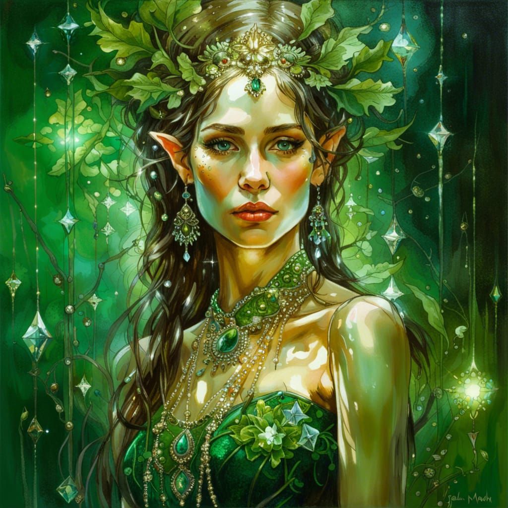 Portrait of beautiful gorgeous elf princess in green dress made of ...