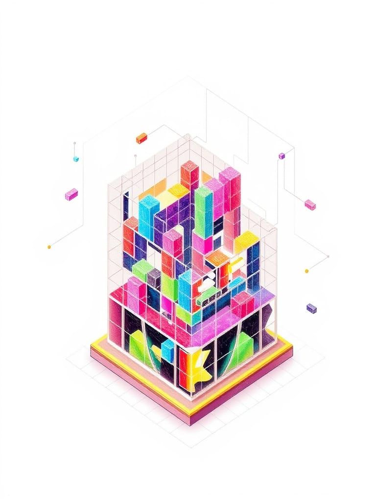 Exploded Wireframe Tetris Game in 3D Pixar Style w... - AI Art