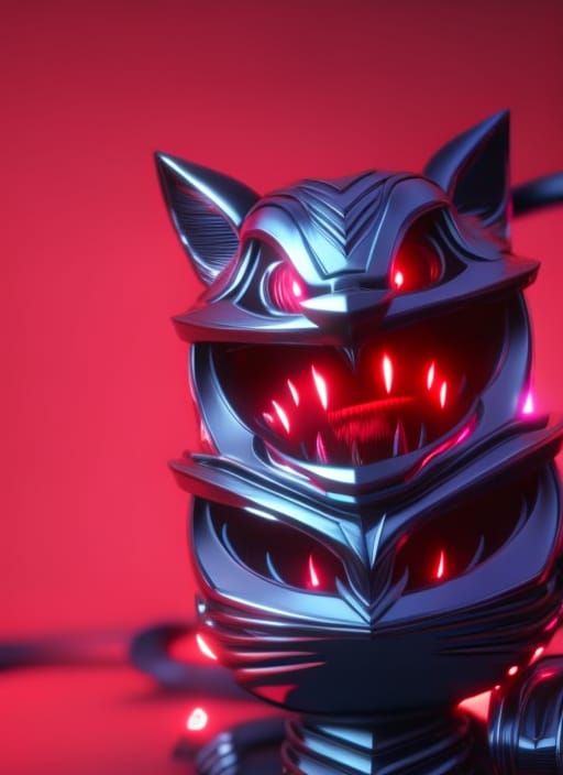 shiny chrome robot Cheshire cat with red neon grin sitting in a bone ...