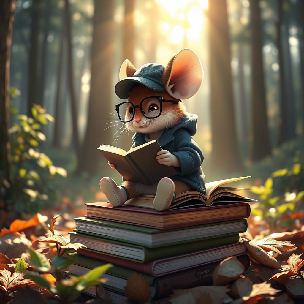 New year - Mouse in 3D Anime Art Style Reading in a Sunlit ...