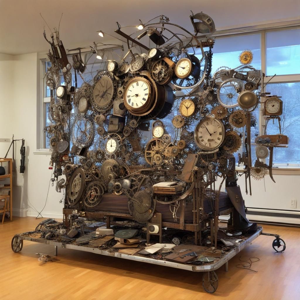 huge sculpture made of scrap metals, bed frames, old electronics ...