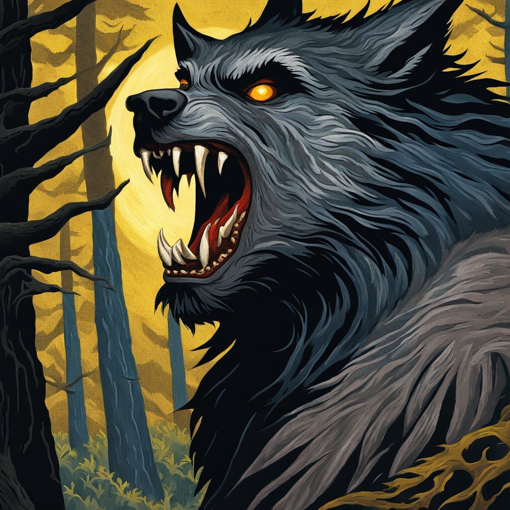 Werewolf Unleashed in Dark Forest Gouache Painting - AI Art