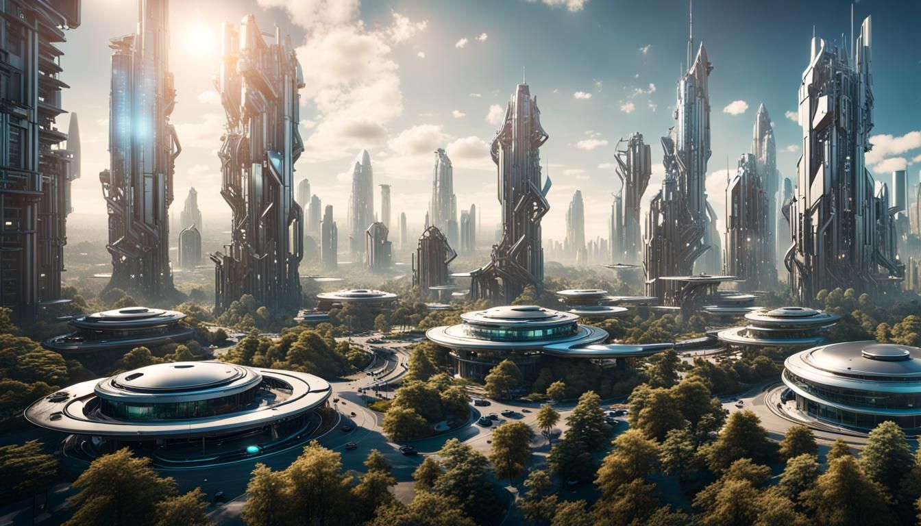 Utopic advanced city with sustainable technology surrounded by nature ...