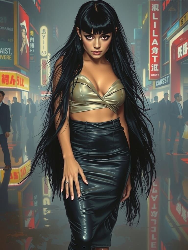 This image is a stunning woman with long black hair, showcasing her dramatic emo makeup and ...