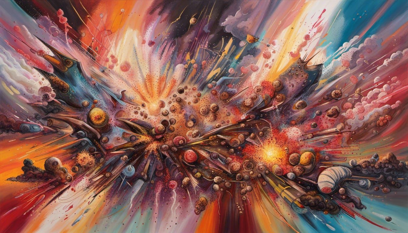 An intense action painting capturing the energy and destruction of a bomb cluster explosion in a ...