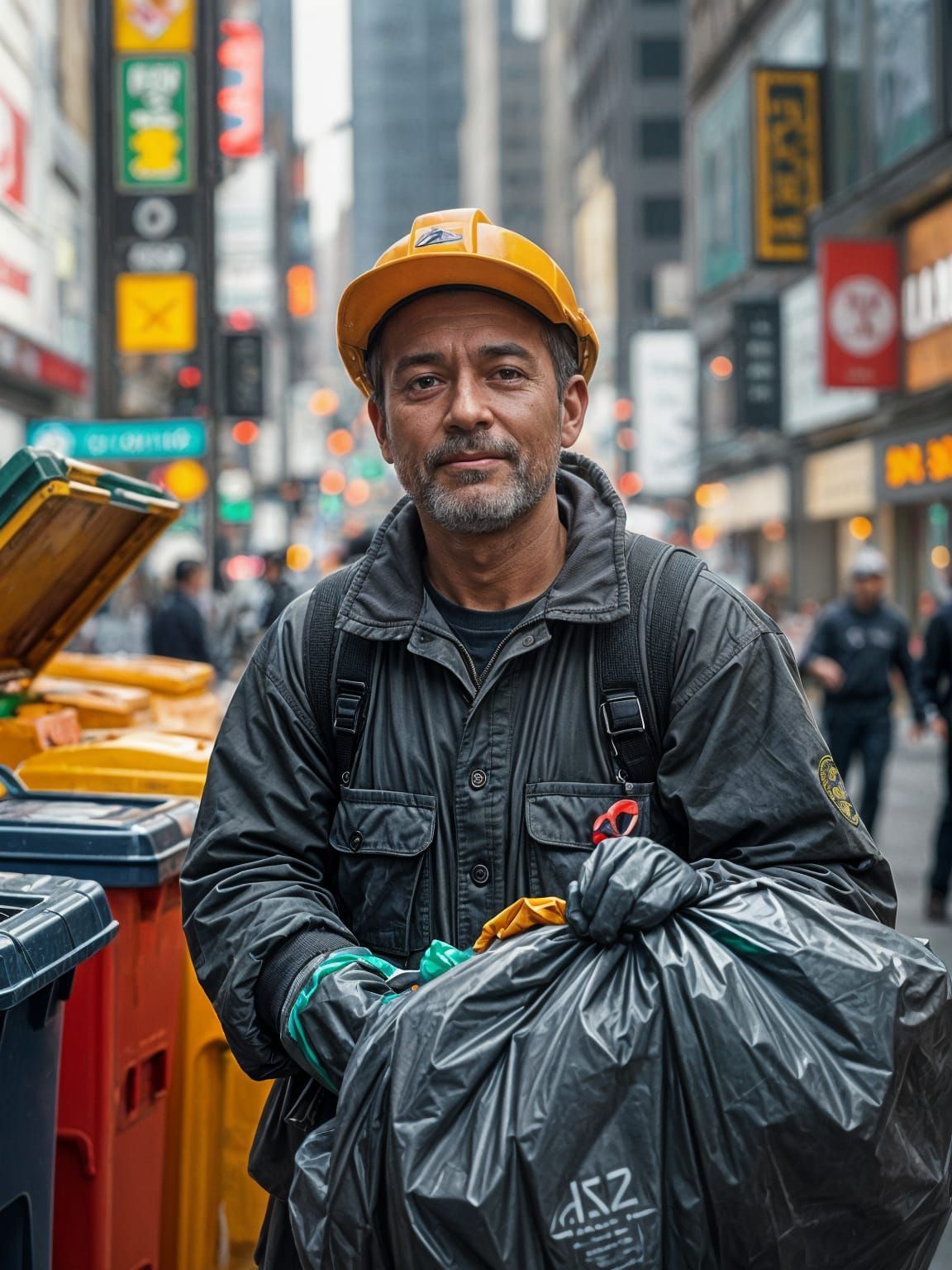 Waste Management - Sanitation Worker in a Vibrant Cityscape