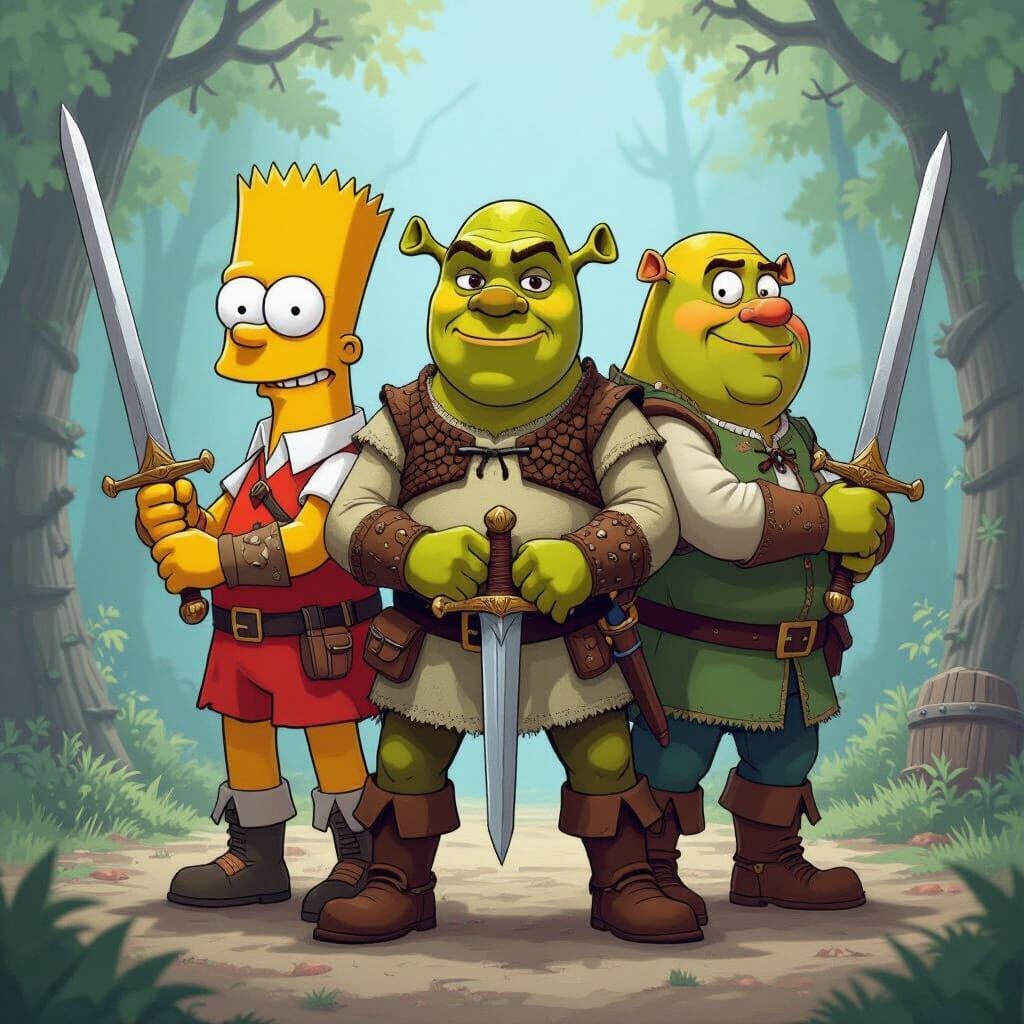 Bart, Shrek, and Peter Griffin: Medieval Battle - AI Art