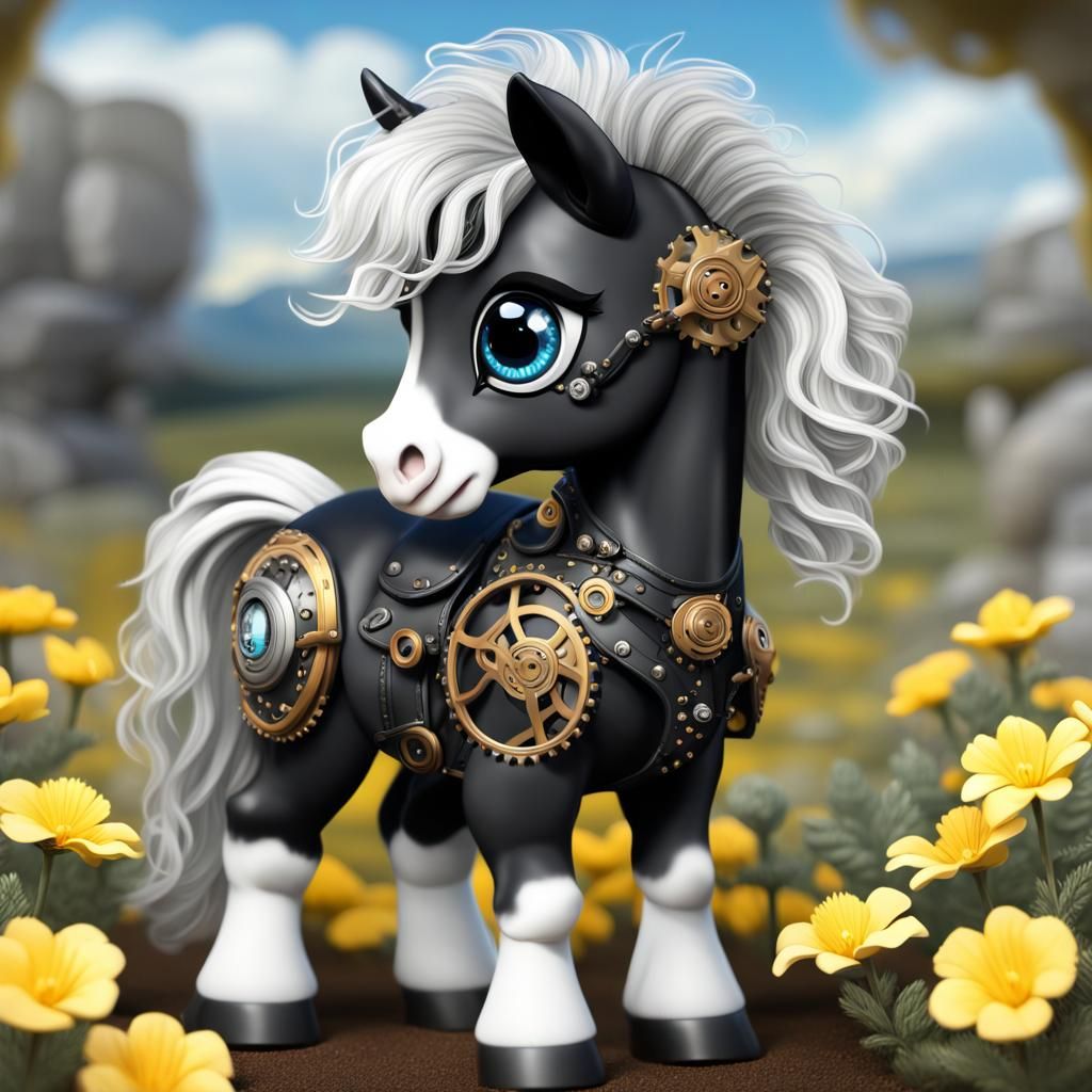 Cute chibi Steampunk Dartmoor pony with primroses - AI Generated ...