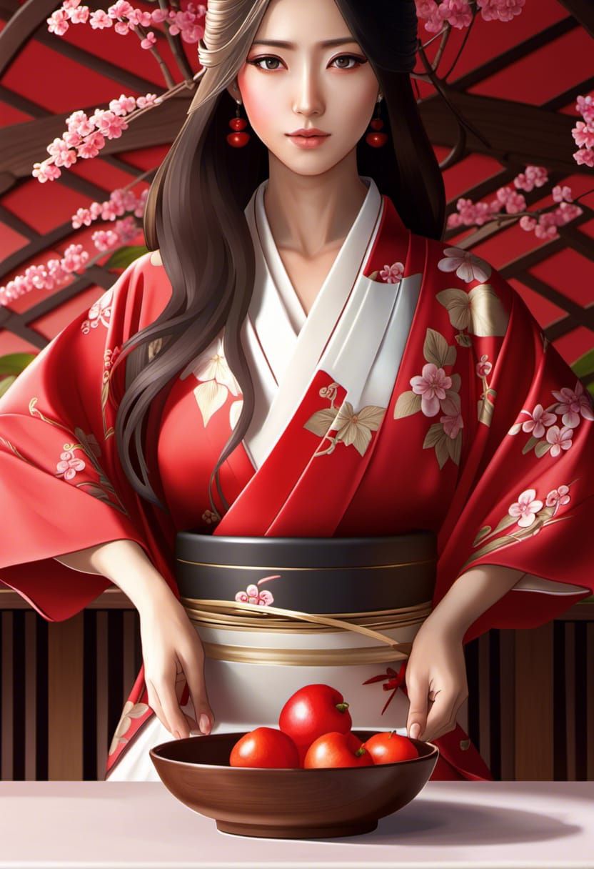 Pretty Japanese woman wearing red kimono - AI Generated Artwork - NightCafe Creator