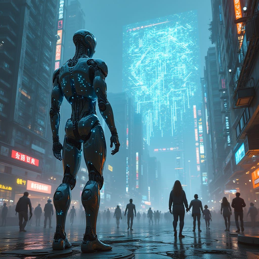 Humanoid Robot Dominates Futuristic Cityscape in C... - AI Art