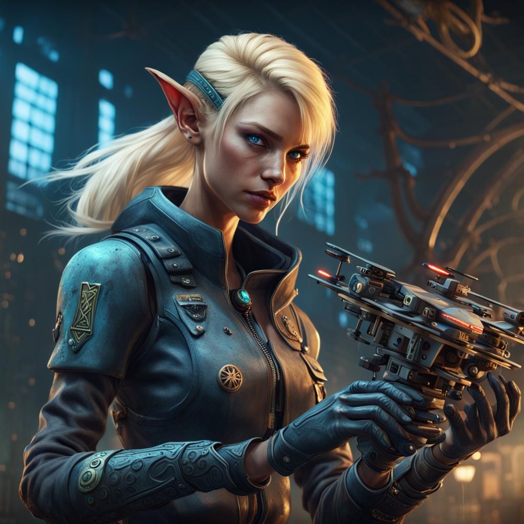 An Shadowrun Elf With Blond Hair And Blue Eyes Working On A Drone Ai Generated Artwork