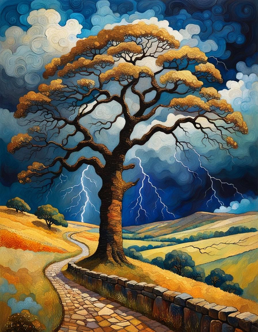 Quilted and embroidered mixed media, Sycomore Gap Oak Tree alongside ...