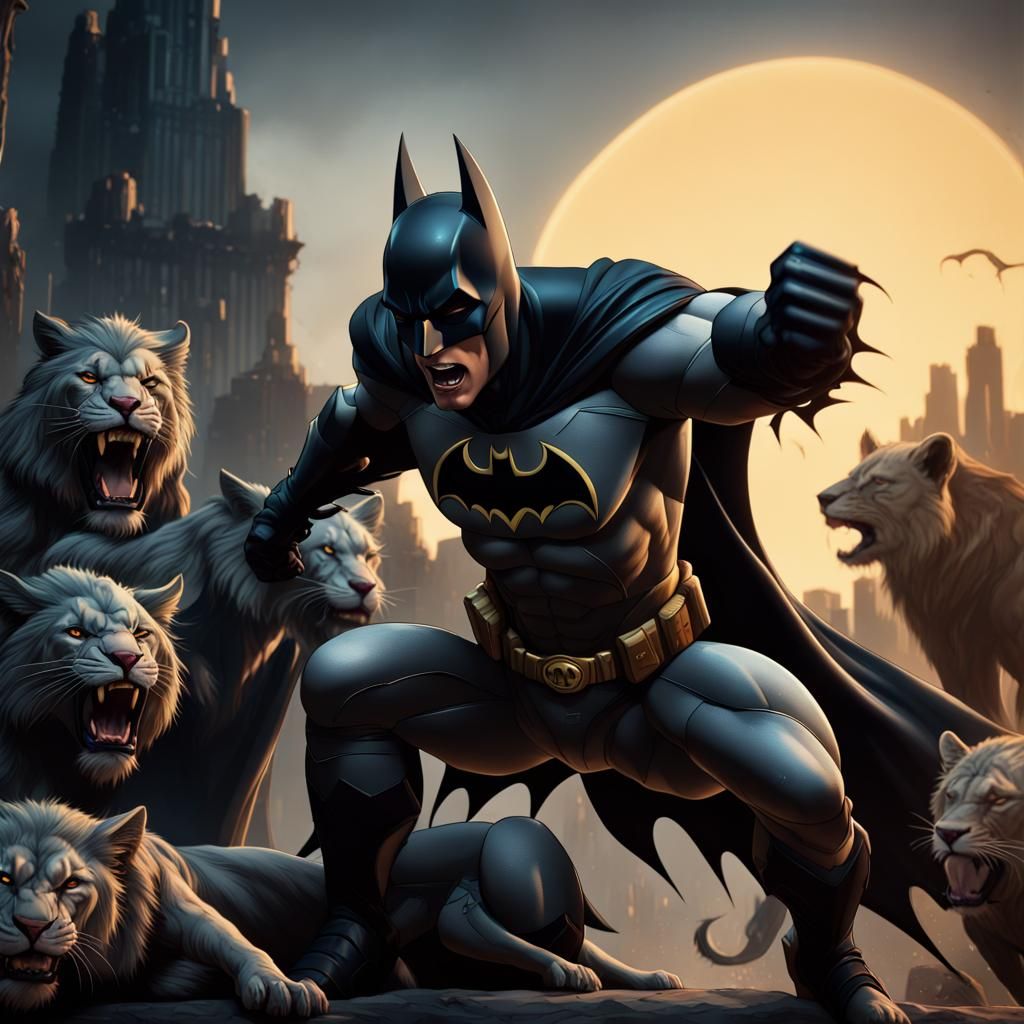 Batman gets eaten by lions - AI Generated Artwork - NightCafe Creator