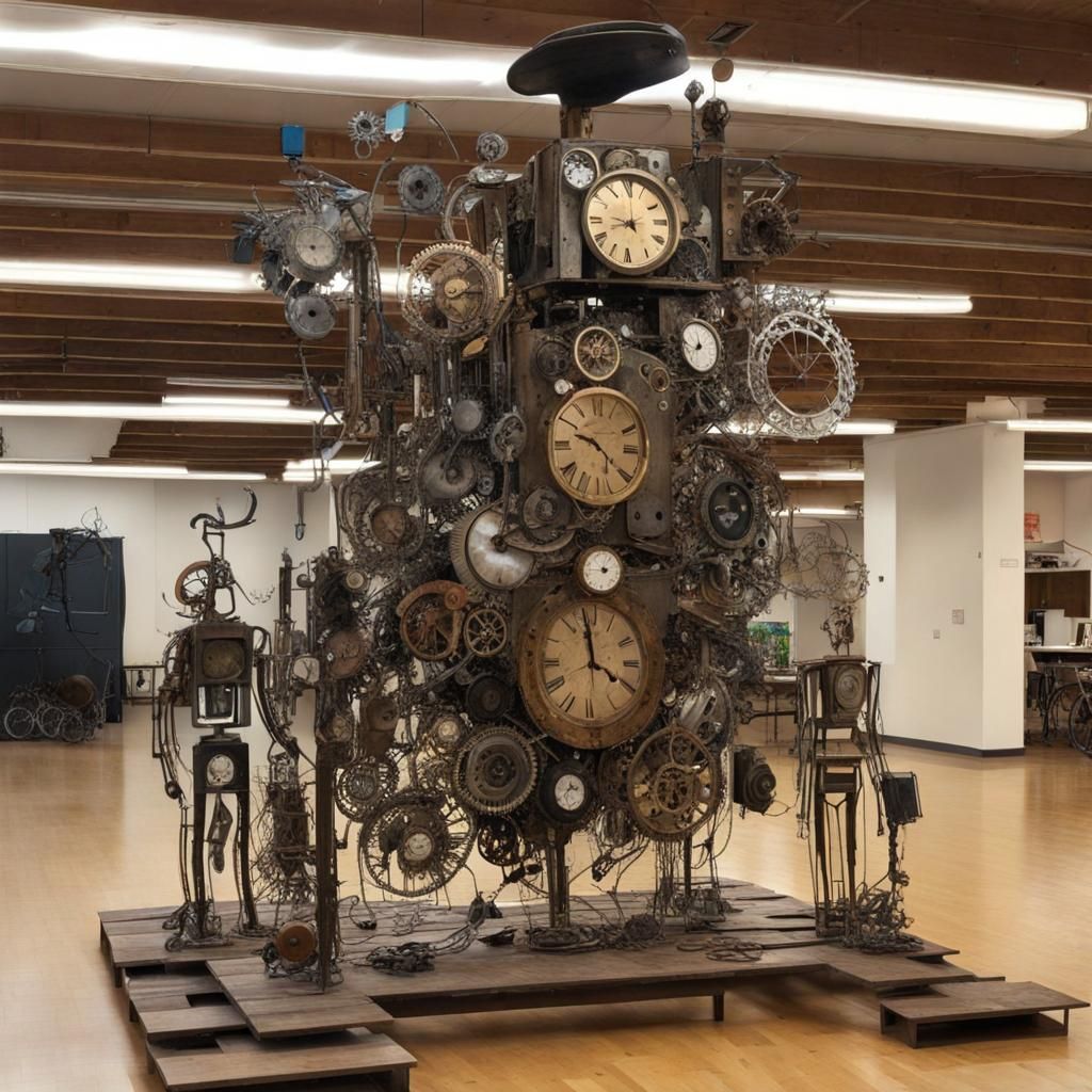 huge sculpture made of scrap metals, bed frames, old electronics ...