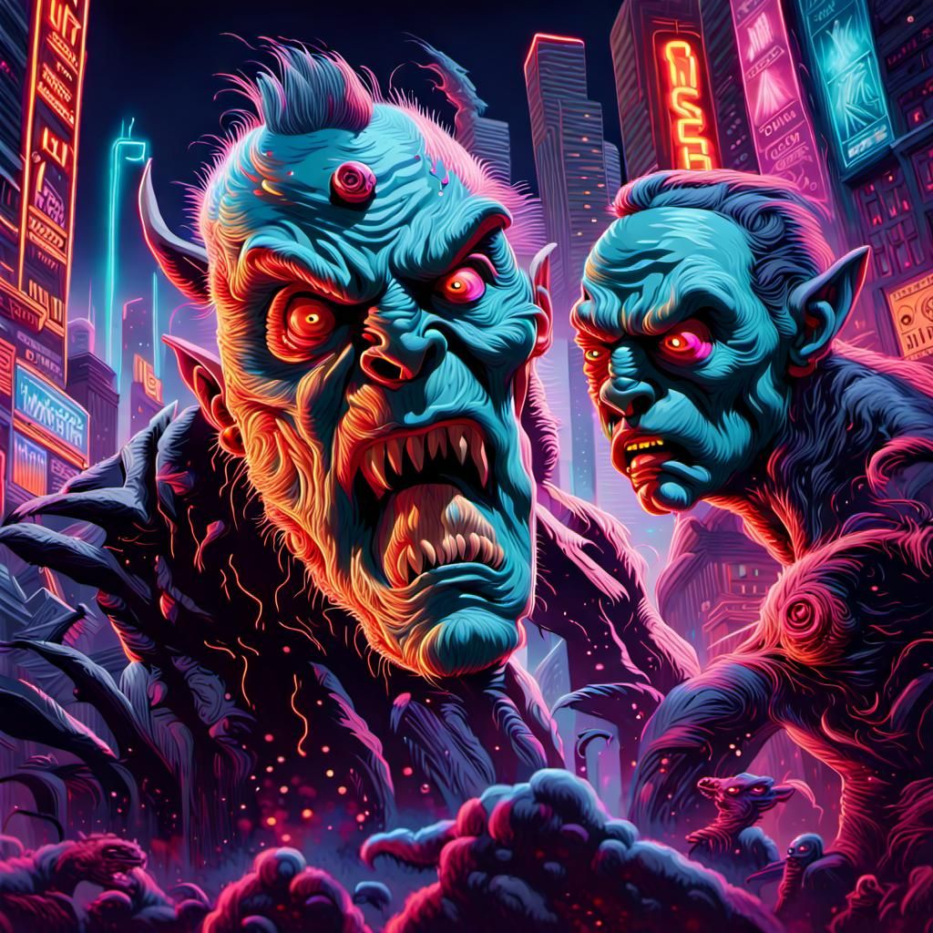 A mashup of classic movie monsters battling in a neon-lit cityscape ...