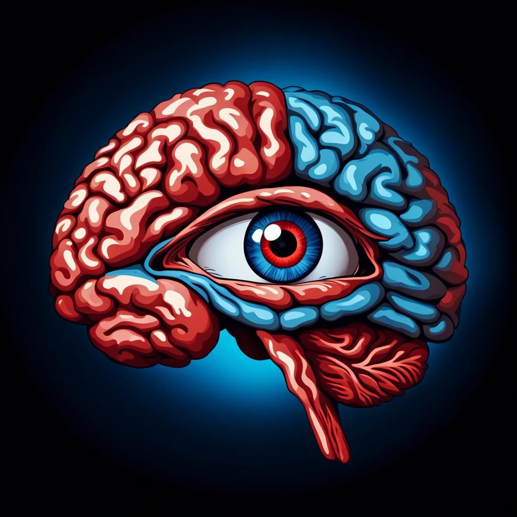 A human brain in shades of red and blue with a single human eye ...