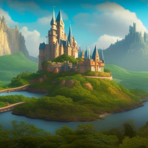 A panoramic view of a kingdom far, far away. We see the castle, the ...