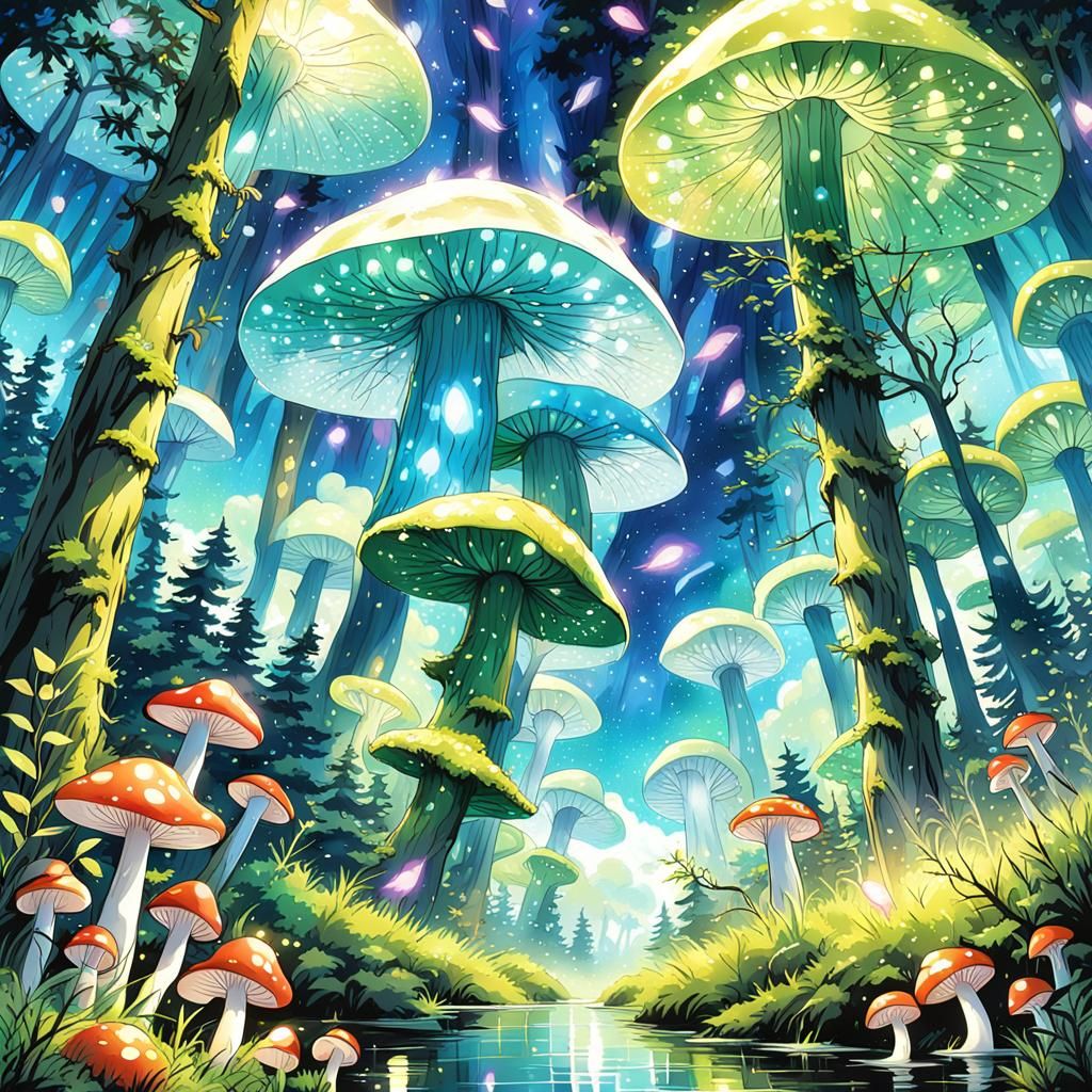 In the twilight glade, willow trees refract sunbeams into kaleidoscopic ...