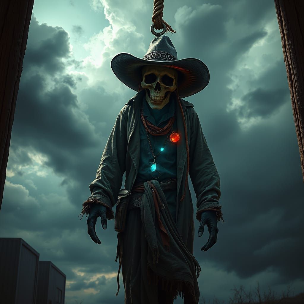 Spectral Cowboy Spirit in Dark Cyberpunk Landscape - AI Art