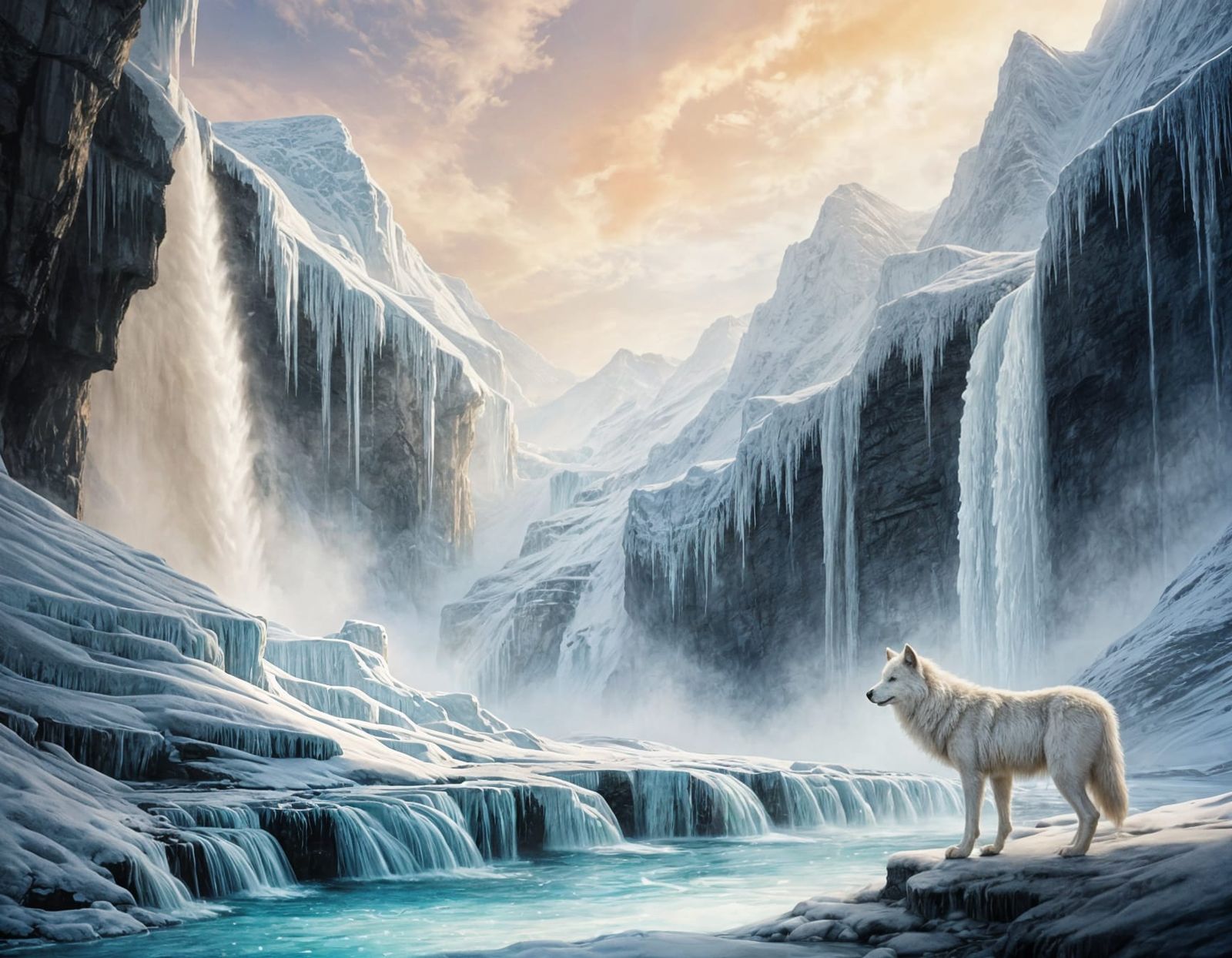 A white wolf next to a stunning watercolour and alcohol ink ...