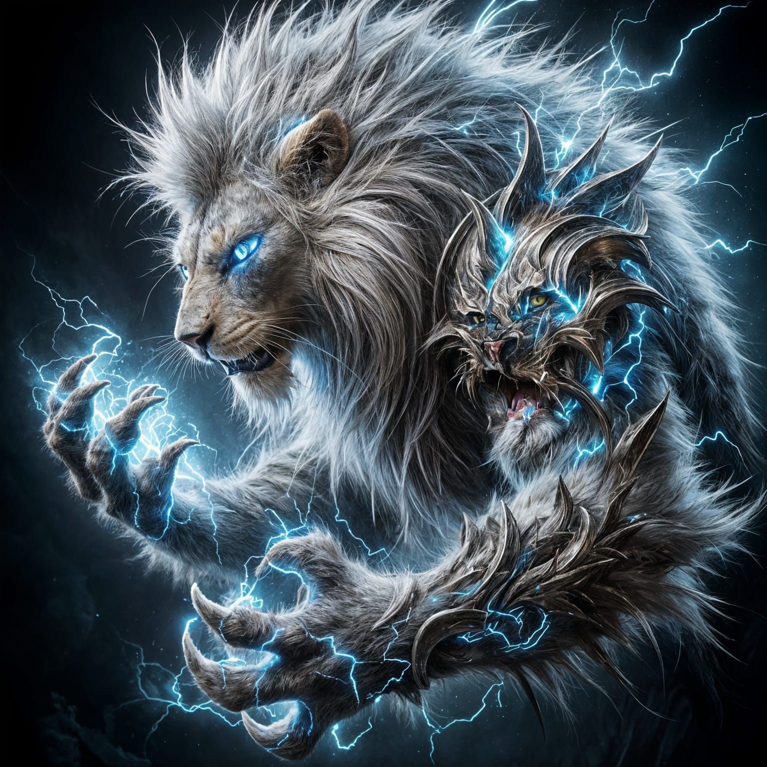 Ethereal Lion Radiates Power in Stormy Silver Coat - AI Art
