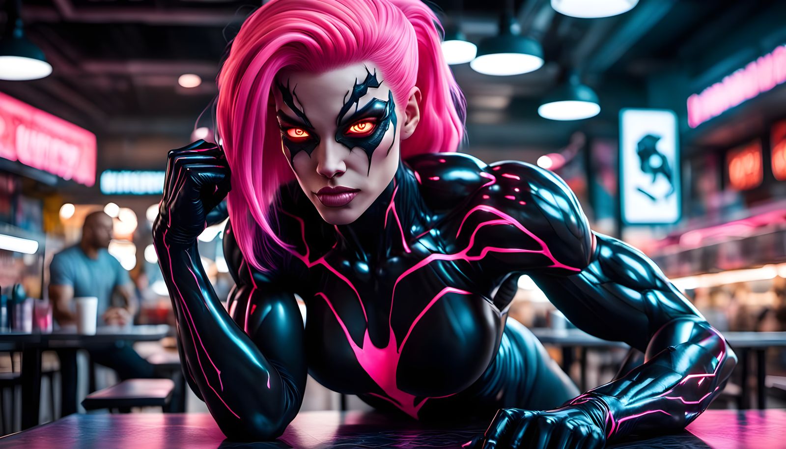 Alien bodybuilder woman wearing a black monster symbiote.