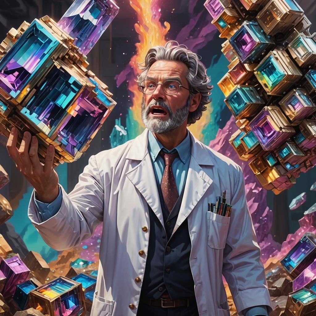 A surprised scientist observing a enormous Bismuth crystal - AI ...
